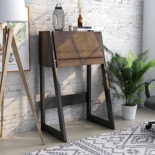 24/7 Shop at Home Fralick Modern Wood 1 Drawer Multi-Functional Desk with Flip Down Storage Cabinet for Workstation, Home Office, Study Room, Oak Brown and Black