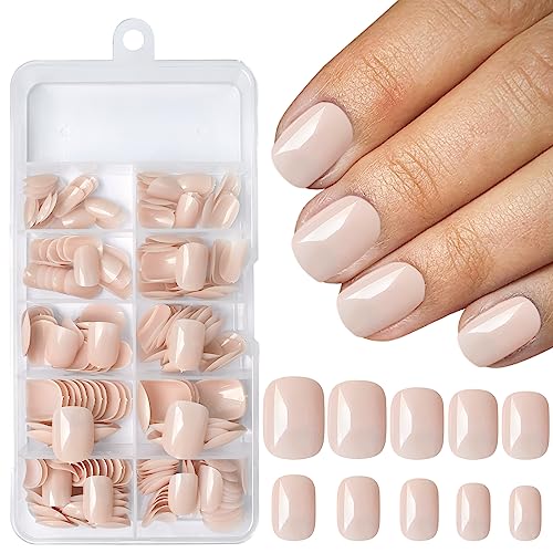 AddFavor 240pcs Press on Nails Short Square Fake Nails Glossy Full Cover Acrylic Artificial Glue on Nails Kit for Women and Girls, Jelly Nude Nails