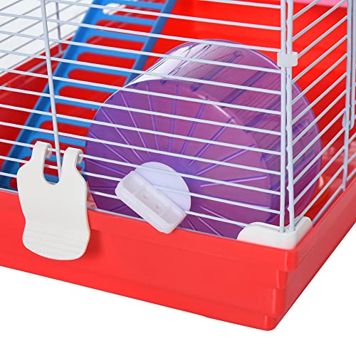 PawHut 18.5" Hamster Cage with Exercise Wheel and Water Bottle, Dish, Rat House and Habitat 2-Story Design, Red