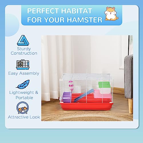 PawHut 18.5" Hamster Cage with Exercise Wheel and Water Bottle, Dish, Rat House and Habitat 2-Story Design, Red