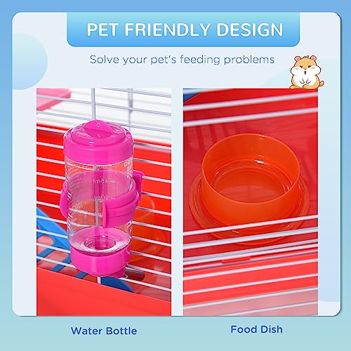 PawHut 18.5" Hamster Cage with Exercise Wheel and Water Bottle, Dish, Rat House and Habitat 2-Story Design, Red