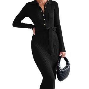 BTFBM 2023 Women V Neck Long Sleeve Bodycon Sweater Dress Button Up Tie Waist Ribbed Knit Midi Pencil Dresses with Belt(Solid Black, Large)