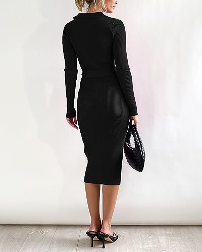 BTFBM 2023 Women V Neck Long Sleeve Bodycon Sweater Dress Button Up Tie Waist Ribbed Knit Midi Pencil Dresses with Belt(Solid Black, Large)