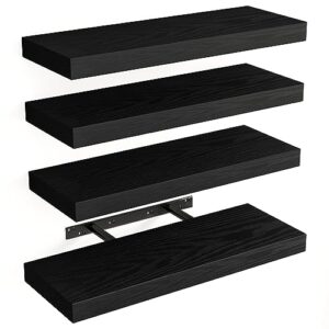 fixwal 15.8in floating shelves, rustic wood finish wall shelves set of 4, shelves for wall decor, with invisible brackets for bathroom, living room,bedroom and kitchen(black)