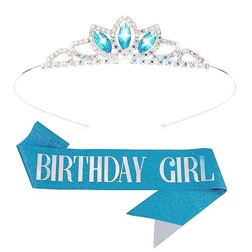 SuPoo Tiaras for Girls Birthday Crown Blue Birthday Girl Sash Princess Crown Birthday Girl Headband Crystal Birthday Tiara with Comb Crown for Girls Rhinestone Happy Birthday Accessories Gift Set