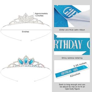 SuPoo Tiaras for Girls Birthday Crown Blue Birthday Girl Sash Princess Crown Birthday Girl Headband Crystal Birthday Tiara with Comb Crown for Girls Rhinestone Happy Birthday Accessories Gift Set