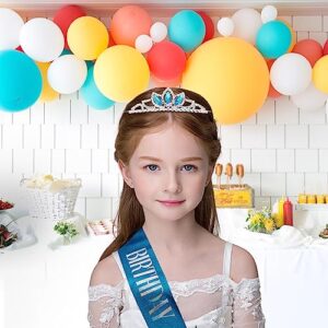 SuPoo Tiaras for Girls Birthday Crown Blue Birthday Girl Sash Princess Crown Birthday Girl Headband Crystal Birthday Tiara with Comb Crown for Girls Rhinestone Happy Birthday Accessories Gift Set