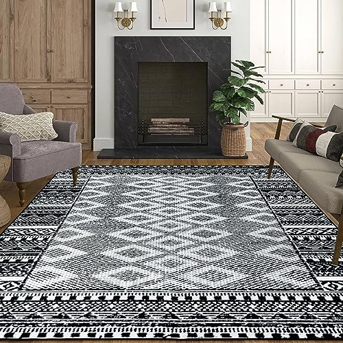 Seavish Boho Living Room Rugs 5x7 Black Area Rug for Bedroom Low Pile Stain Resistant Ultra-Thin Distressed Rug Moroccan Geometric Neutral Area Rug for Nursery Kids Room Dorm Home Decor