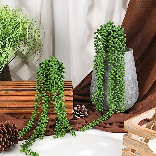 Floweroyal 2pcs Fake Hanging Plants Fake Potted String of Pearls Succulent Plants Small Faux Plants for Indoor Outdoor Shelf Wall Decor