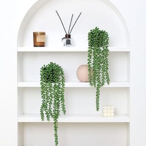 Floweroyal 2pcs Fake Hanging Plants Fake Potted String of Pearls Succulent Plants Small Faux Plants for Indoor Outdoor Shelf Wall Decor