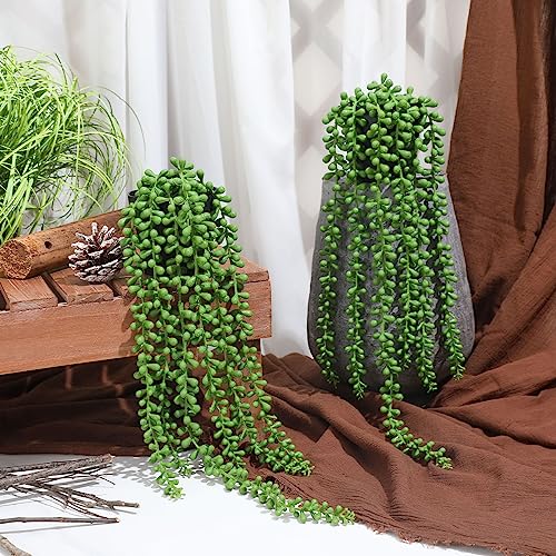 Floweroyal 2pcs Fake Hanging Plants Fake Potted String of Pearls Succulent Plants Small Faux Plants for Indoor Outdoor Shelf Wall Decor