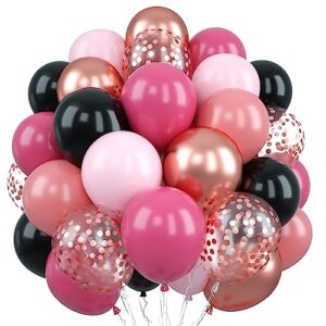 pink and black balloons, 55pcs rose gold hot pink black party balloons set metallic rosegold confetti helium balloons dusty rose pink black latex balloon for girl birthday princess wedding decorations