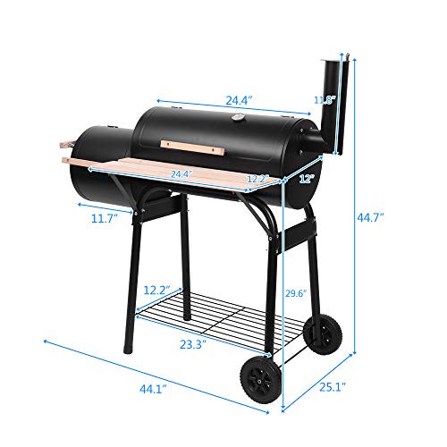 Outvita Charcoal Grill and Offset Smoker, Outdoor Patio Barbecue Cooker with Wheels, Portable Backyard BBQ Oven with Side Fire Box for Camping, Picnic, Party