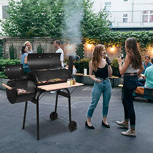 Outvita Charcoal Grill and Offset Smoker, Outdoor Patio Barbecue Cooker with Wheels, Portable Backyard BBQ Oven with Side Fire Box for Camping, Picnic, Party