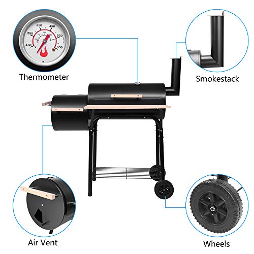 Outvita Charcoal Grill and Offset Smoker, Outdoor Patio Barbecue Cooker with Wheels, Portable Backyard BBQ Oven with Side Fire Box for Camping, Picnic, Party