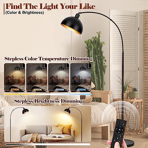 【Upgraded】Black Arc Floor Lamps for Living Room - Dimmable Arched Floor Lamp with Remote Control & 2700-6000K 9W LED Bulb Included, Modern Arch Standing lamp, Industrial Tall Lamp for Bedroom Reading