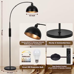 【Upgraded】Black Arc Floor Lamps for Living Room - Dimmable Arched Floor Lamp with Remote Control & 2700-6000K 9W LED Bulb Included, Modern Arch Standing lamp, Industrial Tall Lamp for Bedroom Reading