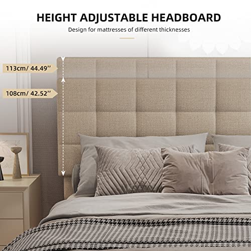 INCLAKE Queen Size Platform Bed Linen Upholstered Platform Bed Frame with RGB LED Lights and Adjustable Headboard Square Stitched Bed Frame, Wood Slats Support, No Box Spring Needed, Beige