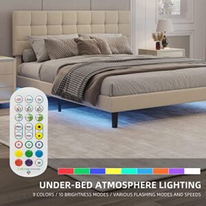 INCLAKE Queen Size Platform Bed Linen Upholstered Platform Bed Frame with RGB LED Lights and Adjustable Headboard Square Stitched Bed Frame, Wood Slats Support, No Box Spring Needed, Beige