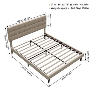 INCLAKE Queen Size Platform Bed Linen Upholstered Platform Bed Frame with RGB LED Lights and Adjustable Headboard Square Stitched Bed Frame, Wood Slats Support, No Box Spring Needed, Beige