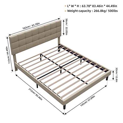 INCLAKE Queen Size Platform Bed Linen Upholstered Platform Bed Frame with RGB LED Lights and Adjustable Headboard Square Stitched Bed Frame, Wood Slats Support, No Box Spring Needed, Beige