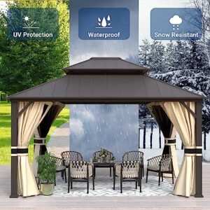 VONZOY 12' x 14' Hardtop Gazebo, Heavy Duty Double Roof Galvanized Steel Outdoor Metal Gazebo with Nettings & Curtains, Aluminum Gazebo with Vertical Stripes Roof for Patio, Backyard, Lawns [Beige]