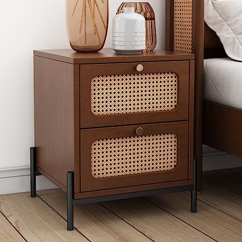 VKKILPEE Modern Cannage Rattan Wood Nightstand 2-Drawer Closet Sofa Side Table End Table for Bedroom, Living Room, Entryway, Hallway, 17''L x 17''W x 21.6''H, Solid Wood Storage Cabinet, Walnut