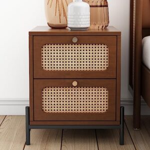 VKKILPEE Modern Cannage Rattan Wood Nightstand 2-Drawer Closet Sofa Side Table End Table for Bedroom, Living Room, Entryway, Hallway, 17''L x 17''W x 21.6''H, Solid Wood Storage Cabinet, Walnut