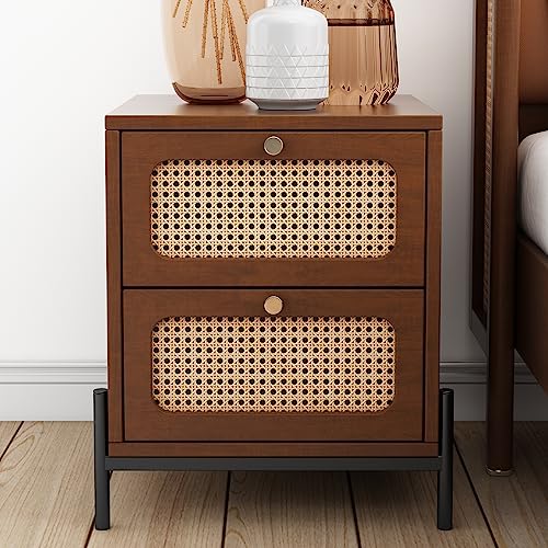 VKKILPEE Modern Cannage Rattan Wood Nightstand 2-Drawer Closet Sofa Side Table End Table for Bedroom, Living Room, Entryway, Hallway, 17''L x 17''W x 21.6''H, Solid Wood Storage Cabinet, Walnut