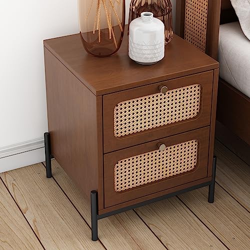 VKKILPEE Modern Cannage Rattan Wood Nightstand 2-Drawer Closet Sofa Side Table End Table for Bedroom, Living Room, Entryway, Hallway, 17''L x 17''W x 21.6''H, Solid Wood Storage Cabinet, Walnut