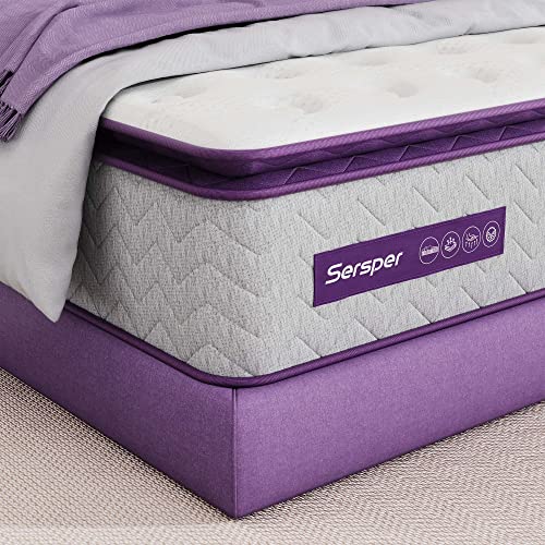 Sersper 12 Inch Memory Foam Hybrid Pillow Top Queen Mattress - 5-Zone Pocket Innersprings Motion Isolation - Heavier Coils for Durable Support - Medium Firm - R&D in North America