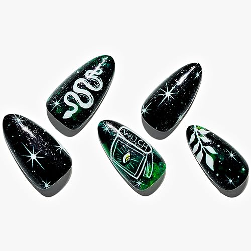 Press on Nails Medium - GLAMERMAID Gothic Ombre Dark Green Glue on Gel Nails with Snake and Eyes Design, Short Almond Reusable UV Finish 24Pcs Fake Nails Acrylic False Nails Manicure Kits for Women Gift