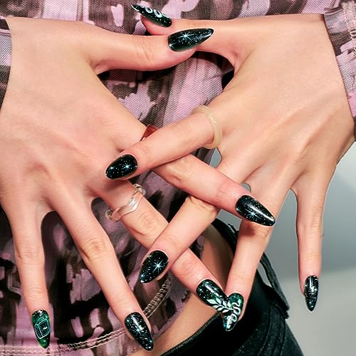 Press on Nails Medium - GLAMERMAID Gothic Ombre Dark Green Glue on Gel Nails with Snake and Eyes Design, Short Almond Reusable UV Finish 24Pcs Fake Nails Acrylic False Nails Manicure Kits for Women Gift