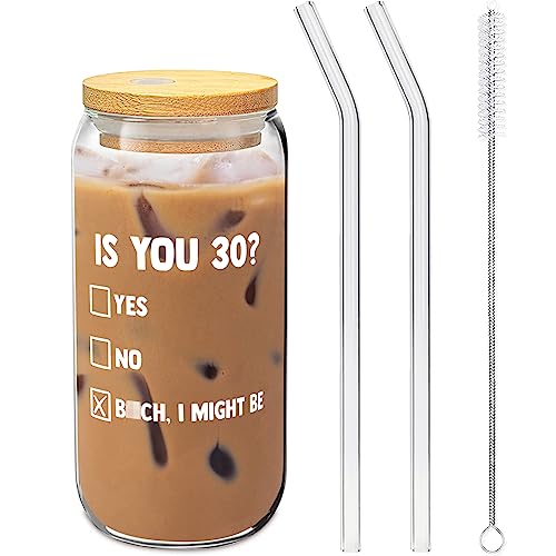 30th Birthday Gifts For Her - “Is You 30?” Soda Can Glass 20oz  w/ Bamboo Lid & Glass Straw Set - Aesthetic 30 Year Old Birthday Gift for Daughter, Sister, Wife - 30th Birthday Decorations for Women