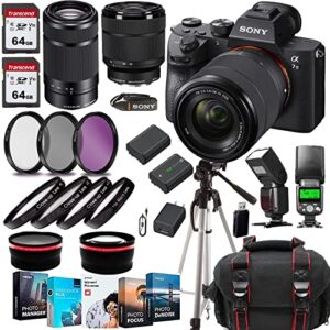 sony a7 iii mirrorless camera fe 28-70mm f/3.5-5.6 oss lens e 55-210mm f/4.5-6.3 oss lens+case+128 gig memory cards+ttl flash+tripod(17pc) bundle (renewed)