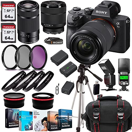 Sony a7 III Mirrorless Camera FE 28-70mm f/3.5-5.6 OSS Lens E 55-210mm f/4.5-6.3 OSS Lens+Case+128 GIG Memory Cards+TTL Flash+Tripod(17PC) Bundle (Renewed)