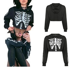 Louatui Women's Halloween Goth Skeleton Hoodie Crop Top Gothic Punk Bandage Casual Pullover Long Sleeve Relaxed Fit Sweatshirts (Black, S)