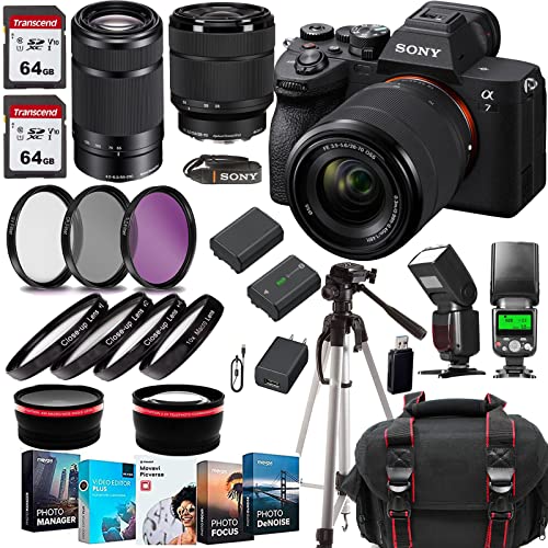 Sony a7 IV Mirrorless Camera FE 28-70mm f/3.5-5.6 OSS Lens E 55-210mm f/4.5-6.3 OSS Lens+Case+128 GIG Memory Cards+TTL Flash+Tripod(17PC) Bundle (Renewed)