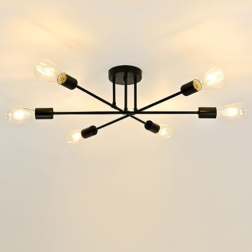 FLAMWILD Ceiling Light Fixture, Modern Sputnik Chandelier, Mid Century Industrial Lighting for Bedroom Kitchen Dining Living Room (Black)