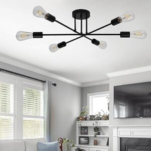 FLAMWILD Ceiling Light Fixture, Modern Sputnik Chandelier, Mid Century Industrial Lighting for Bedroom Kitchen Dining Living Room (Black)