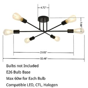 FLAMWILD Ceiling Light Fixture, Modern Sputnik Chandelier, Mid Century Industrial Lighting for Bedroom Kitchen Dining Living Room (Black)