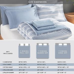 Codi Bedding comforter set Queen Size, 7 Pieces Blue White Striped Bed in a Bag Reversible, Modern Cationic Dyeing Bed Sets with 1 Comforter, 2 Pillow Shams, Flat Sheet, Fitted Sheet and 2 Pillowcases