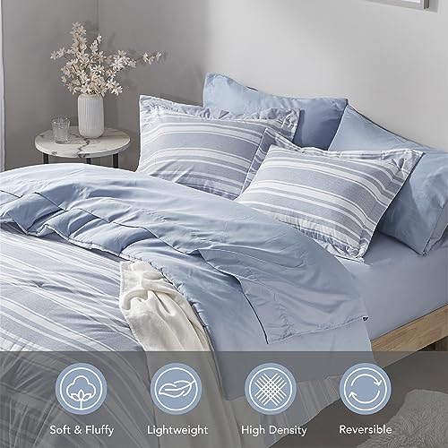 Codi Bedding comforter set Queen Size, 7 Pieces Blue White Striped Bed in a Bag Reversible, Modern Cationic Dyeing Bed Sets with 1 Comforter, 2 Pillow Shams, Flat Sheet, Fitted Sheet and 2 Pillowcases