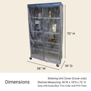 Formosa Covers | Storage Shelving Unit Cover for Metal Wire Utility Racks in Garage, Home, Kitchen, or Office Organization Grey and Clear PVC Viewing Panel and Blue Trim (36" W x 18" D x 72" H)