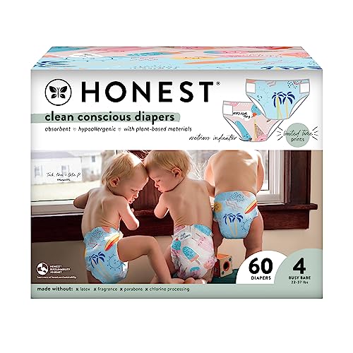 The Honest Company Clean Conscious Diapers | Plant-Based, Sustainable | Summer '23 Limited Edition Prints | Club Box, Size 4 (22-37 lbs), 60 Count