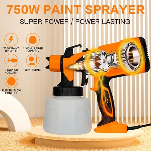 Paint Sprayer, 750W HVLP Electric Paint Sprayer, Paint Spray Gun 1400ml Container, Copper Nozzles and 3 Patterns, Paint Sprayers for Home Interior and Exterior, Chairs, Walls, Fence, Door, Cabinet