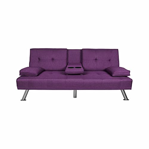 Eafurn Convertible Futon Bed, Soft Upholstered Loveseat Adjustable Sleeper, Button Tufted Sofa & Couch with Removable Pillow Top Armrests and 2 Cup Holders, Purple Polyester A