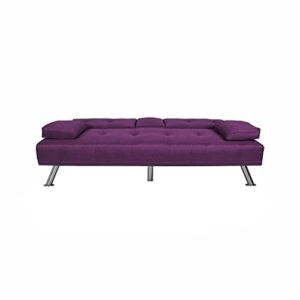 Eafurn Convertible Futon Bed, Soft Upholstered Loveseat Adjustable Sleeper, Button Tufted Sofa & Couch with Removable Pillow Top Armrests and 2 Cup Holders, Purple Polyester A