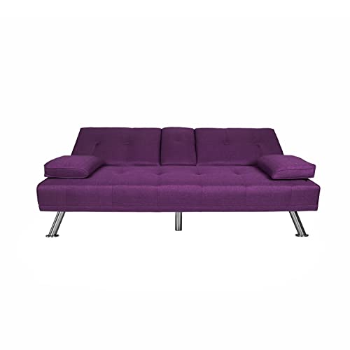 Eafurn Convertible Futon Bed, Soft Upholstered Loveseat Adjustable Sleeper, Button Tufted Sofa & Couch with Removable Pillow Top Armrests and 2 Cup Holders, Purple Polyester A