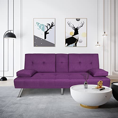 Eafurn Convertible Futon Bed, Soft Upholstered Loveseat Adjustable Sleeper, Button Tufted Sofa & Couch with Removable Pillow Top Armrests and 2 Cup Holders, Purple Polyester A